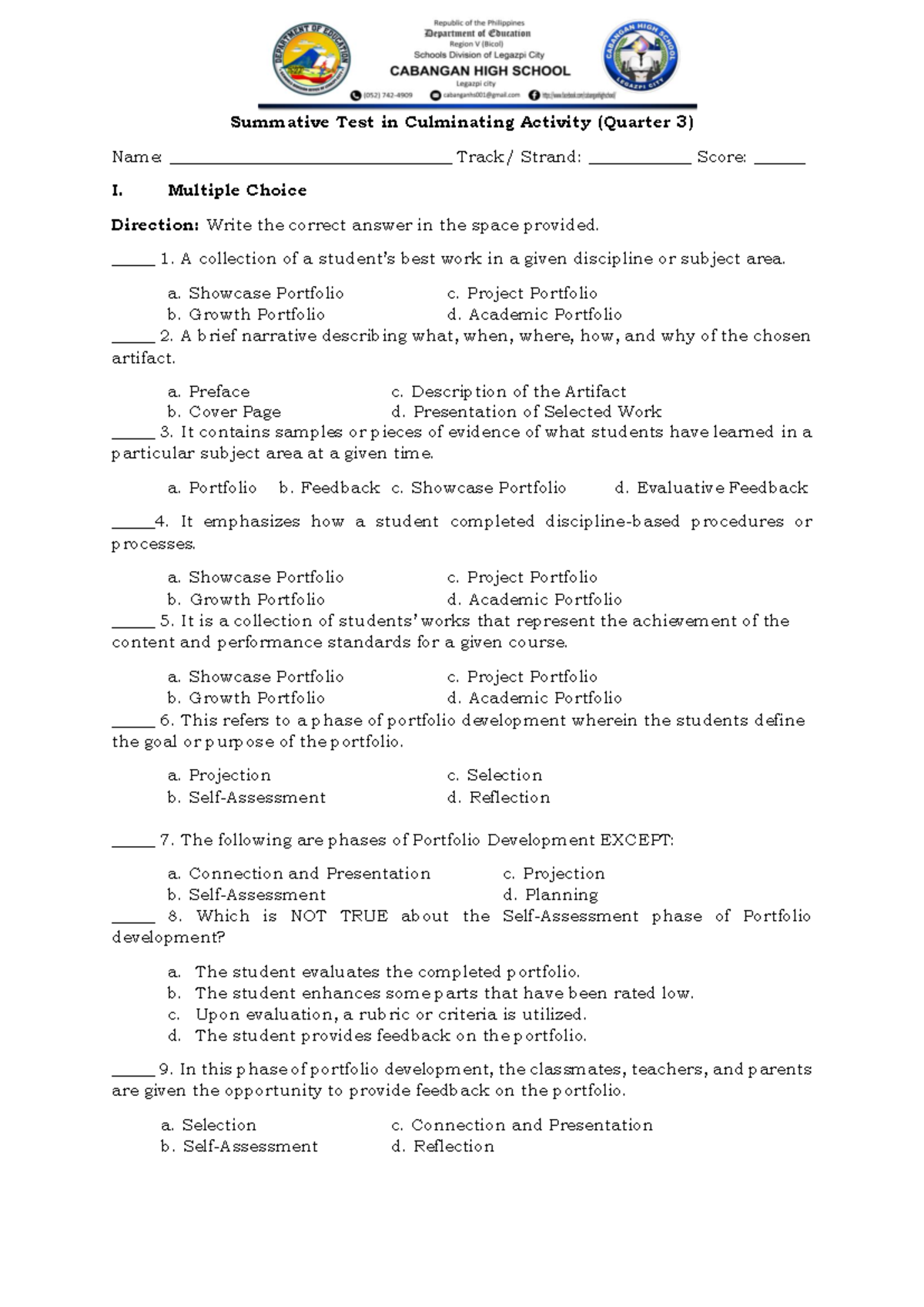 Summative Test for Culminating Activity (Quarter 3) - Studocu