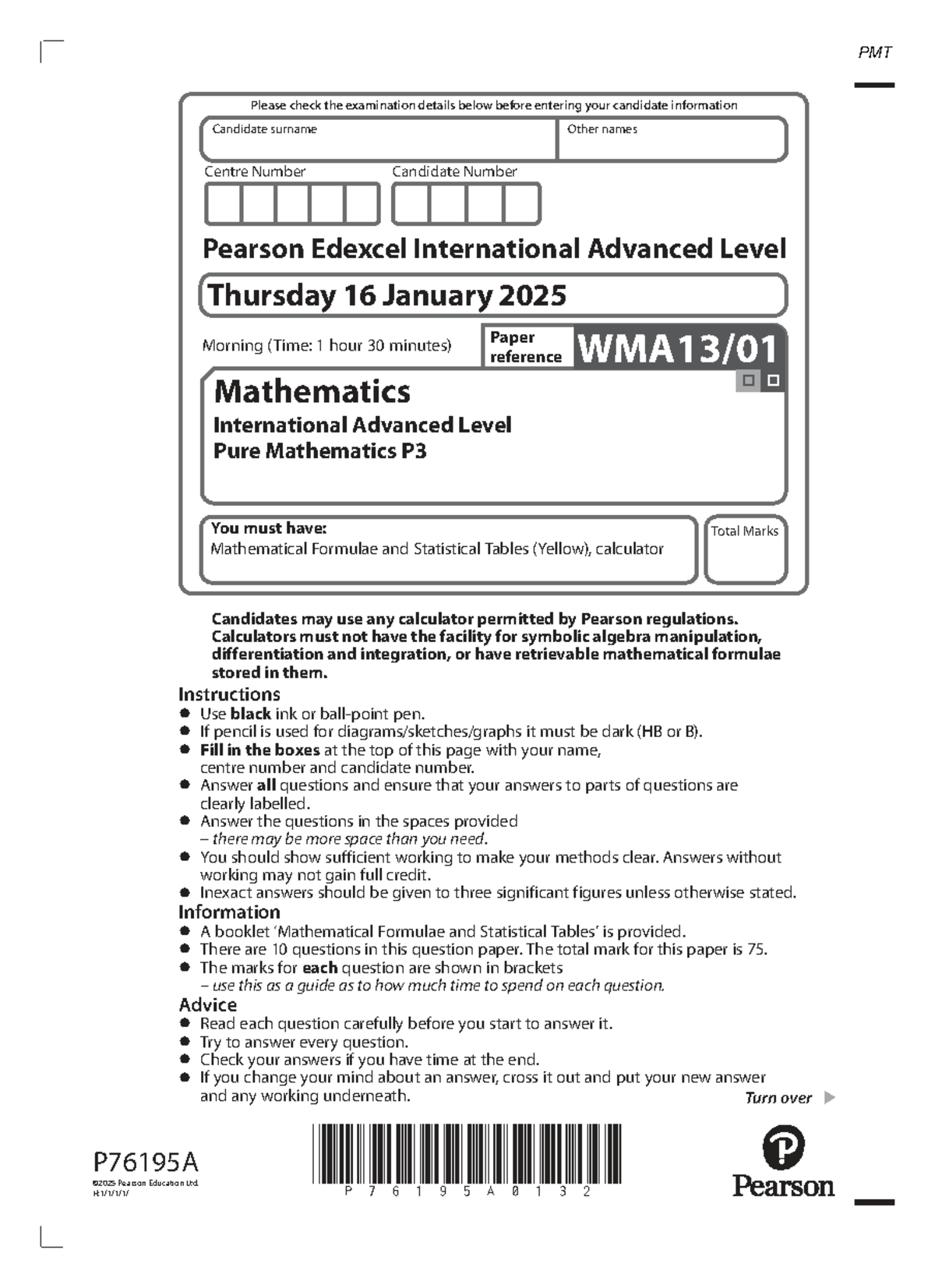 Mathematics International A Level P3 Exam Paper - January 2025 - Studocu