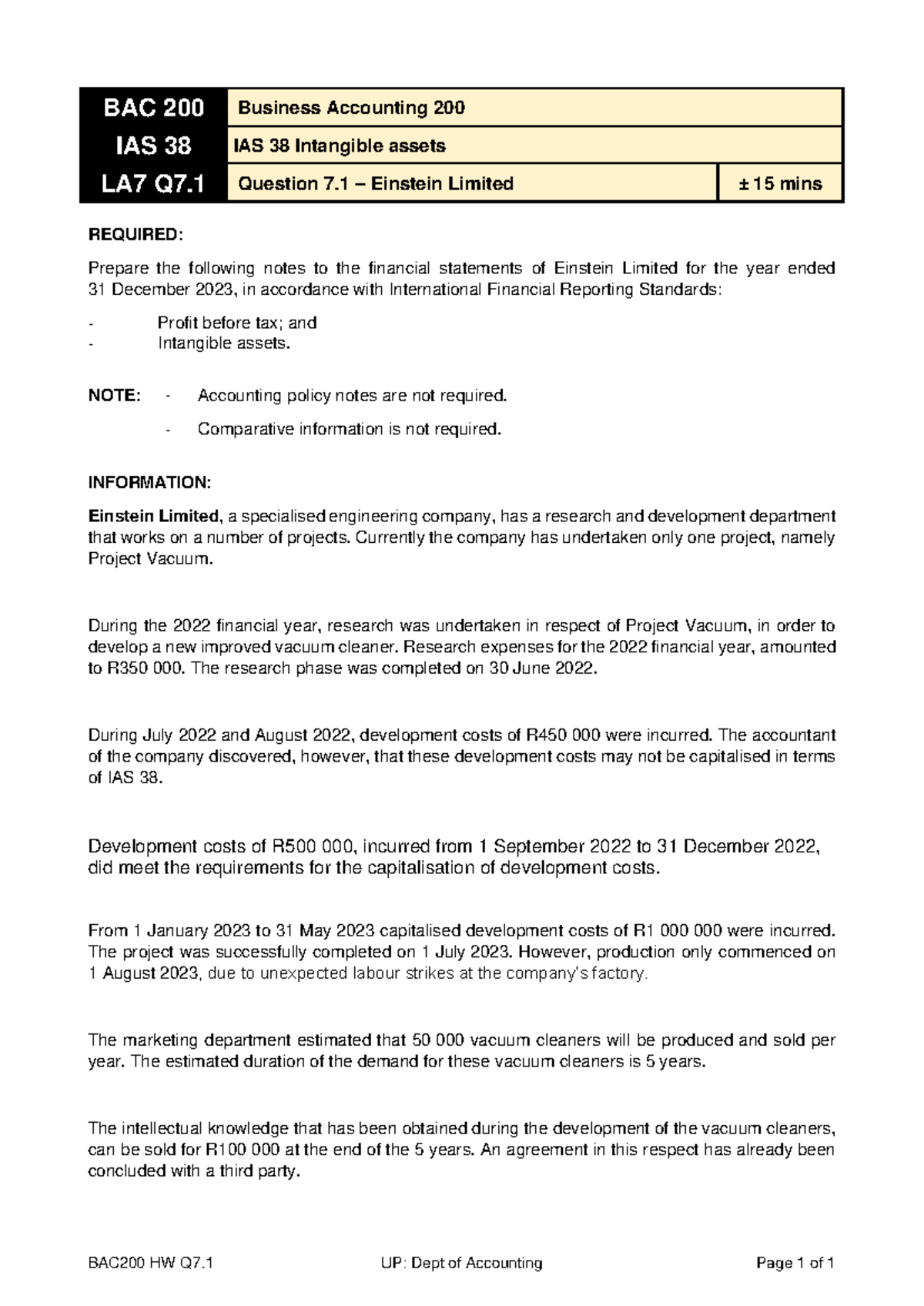 BAC 200 Homework: IAS 38 Intangible Assets Notes for Einstein Ltd - Studocu
