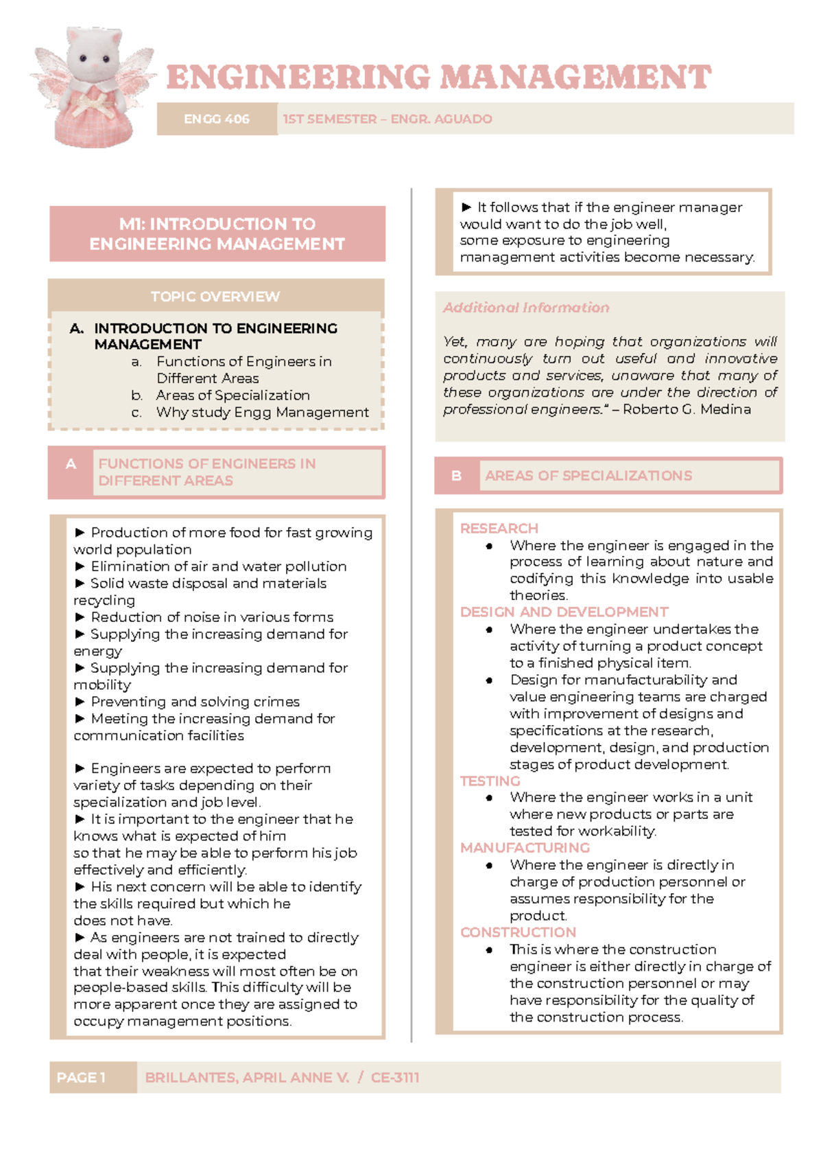 ENGG 406 M1: Introduction to Engineering Management Overview - Studocu