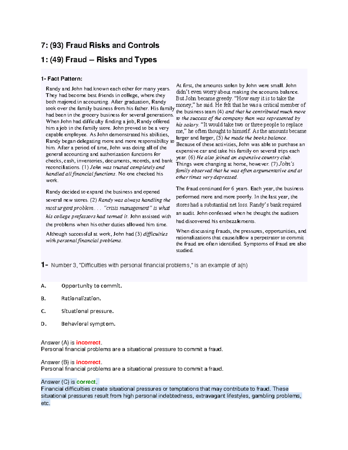 Part 1 Gleim Unit 7 - Audit - 7: (93) Fraud Risks and Controls 1: (49 ...