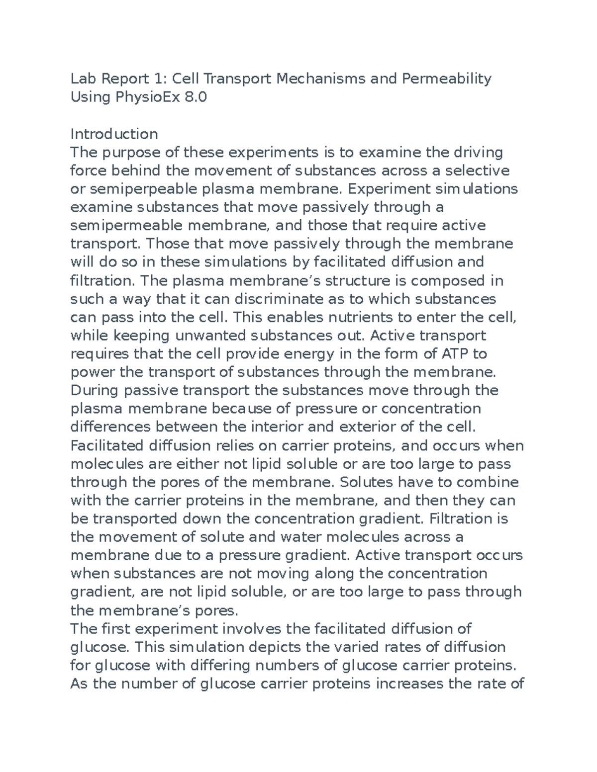 Lab Report 1 - Cell Transport Mechanisms Using PhysioEx 8 - Studocu