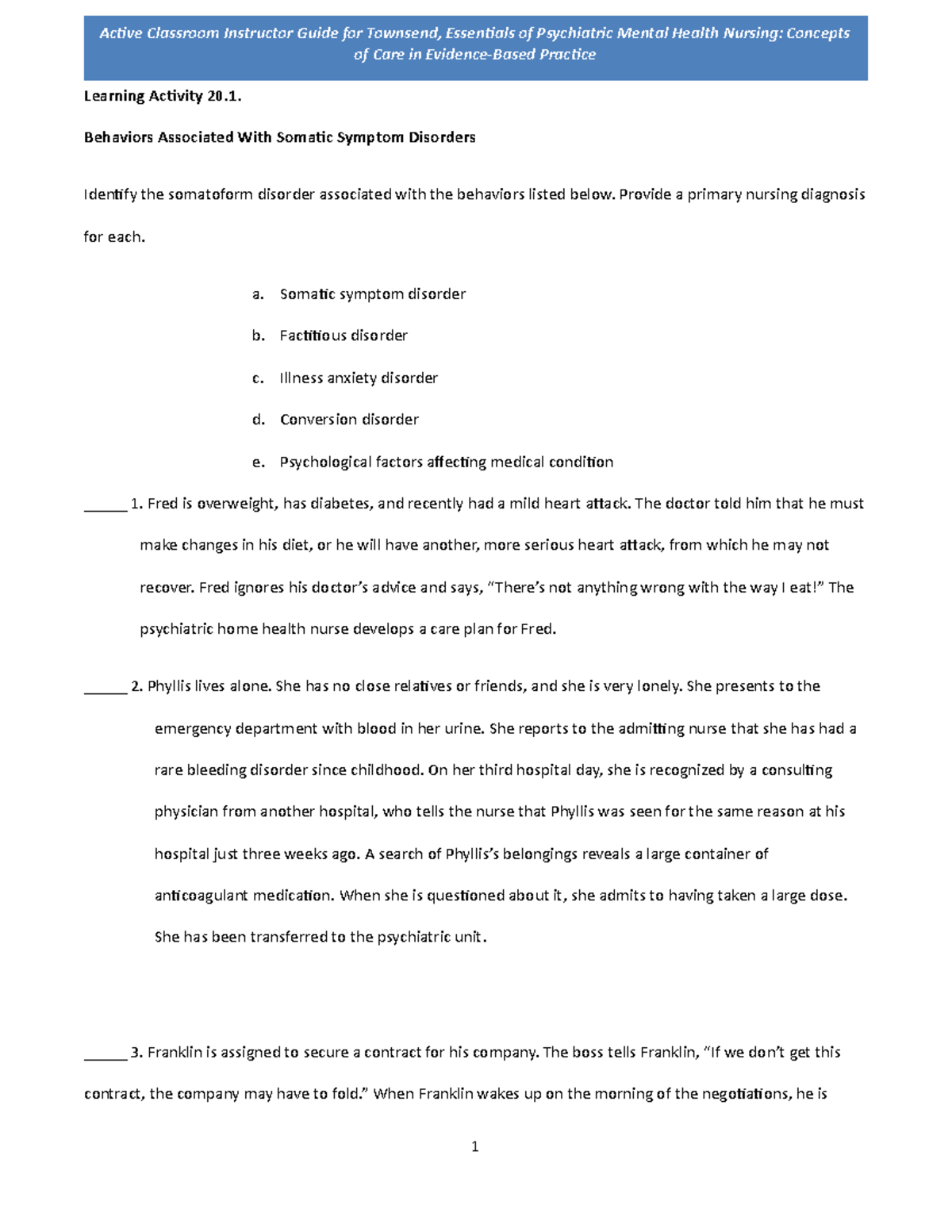 Ch20 (1)- Somatic Disorders worksheet - Learning Activity 20. Behaviors ...
