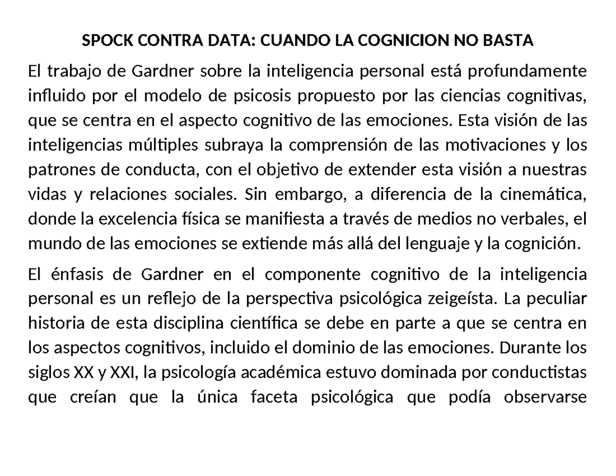 Spock vs DATA: Cognición y Emociones en la Inteligencia Personal - Studocu