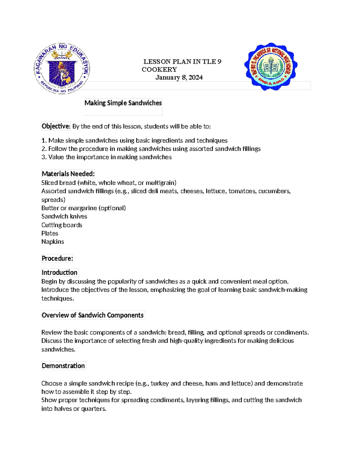 TLE 9 Lesson Plan: Simple Sandwiches Making for 2024 - Studocu