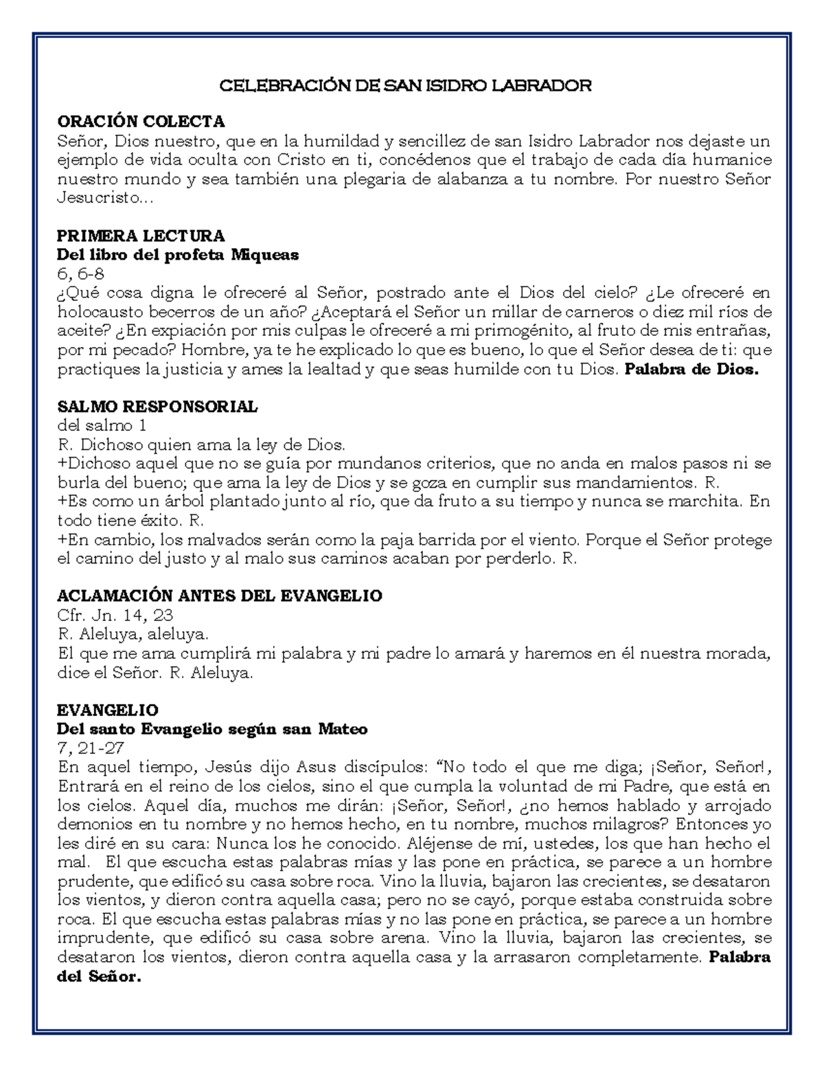 SAN ISIDRO LABRADOR 2026 - Oración y Lecturas - Studocu