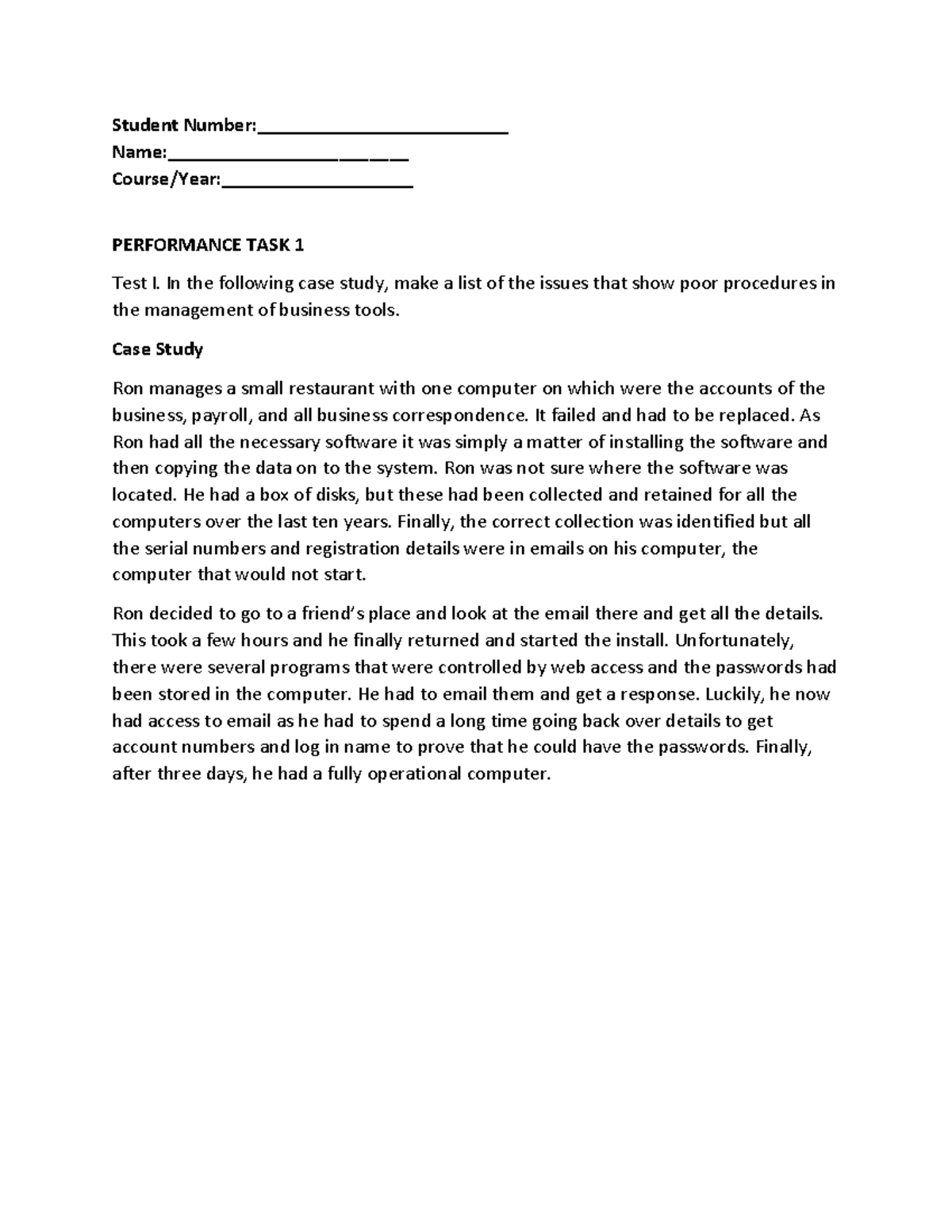 Performance Task 1 1 - Please - Student Number ...