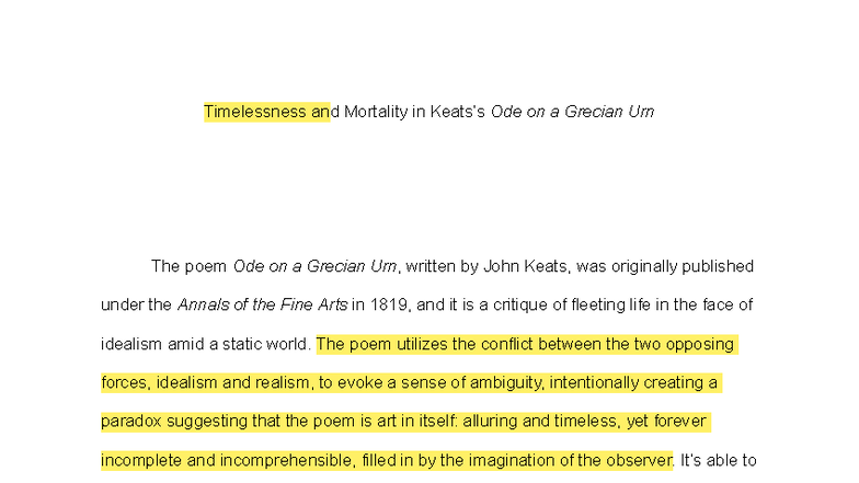 Timelessness and Mortality in Keats' Ode on a Grecian Urn - Studocu