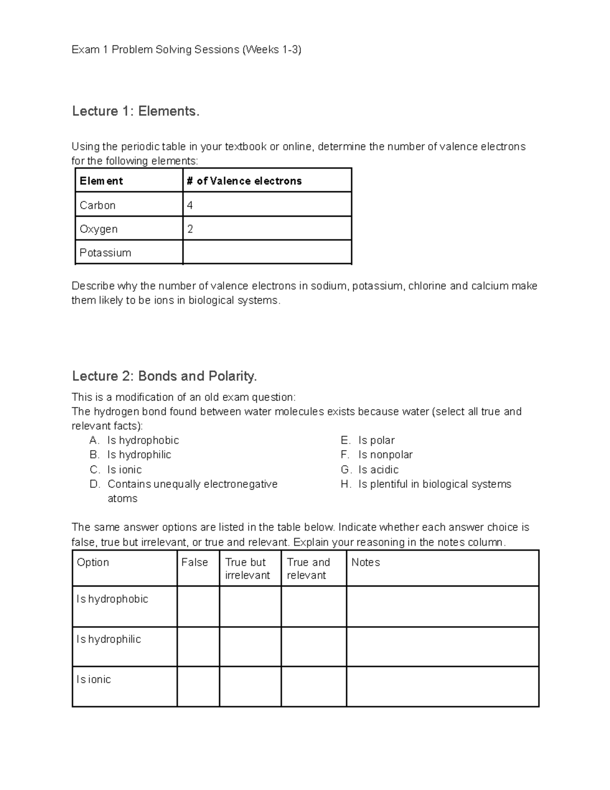 Biology 93 Exam 1 Problem Solving Sessions: Lectures 1-9 Overview - Studocu