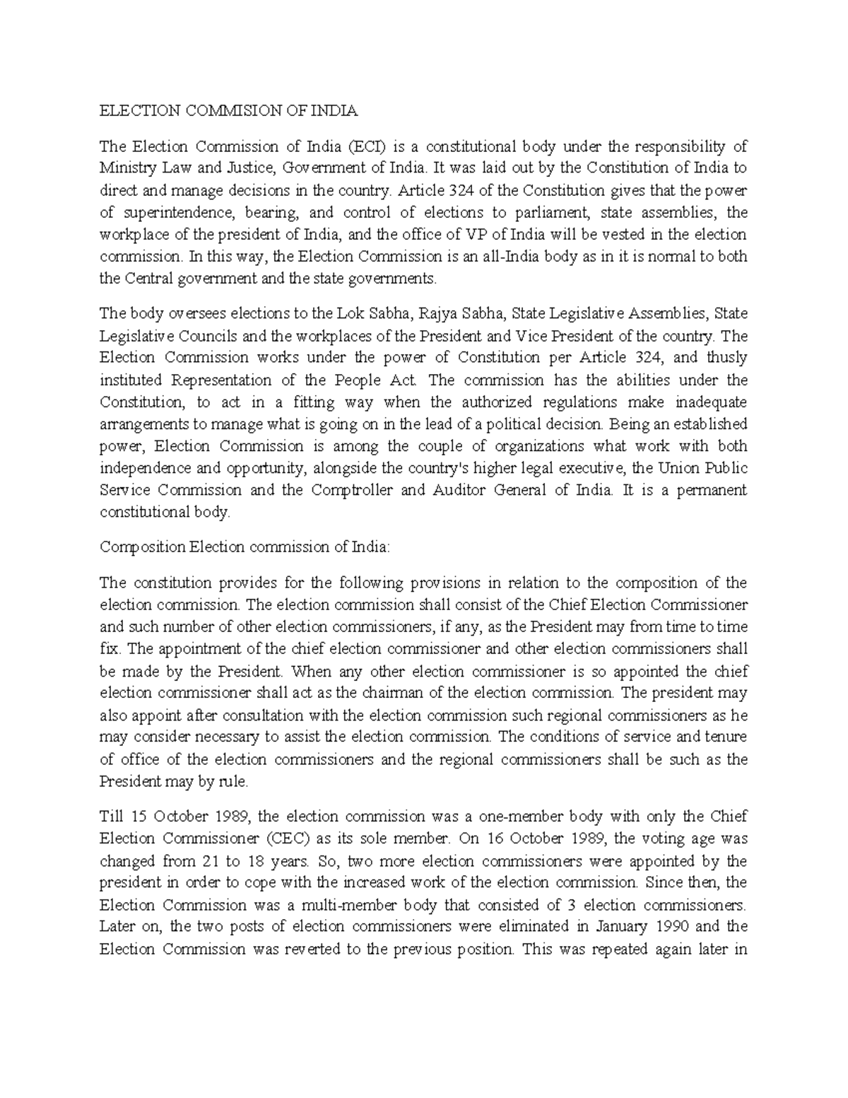 Election Commission of India: Structure, Powers, and Functions - Studocu