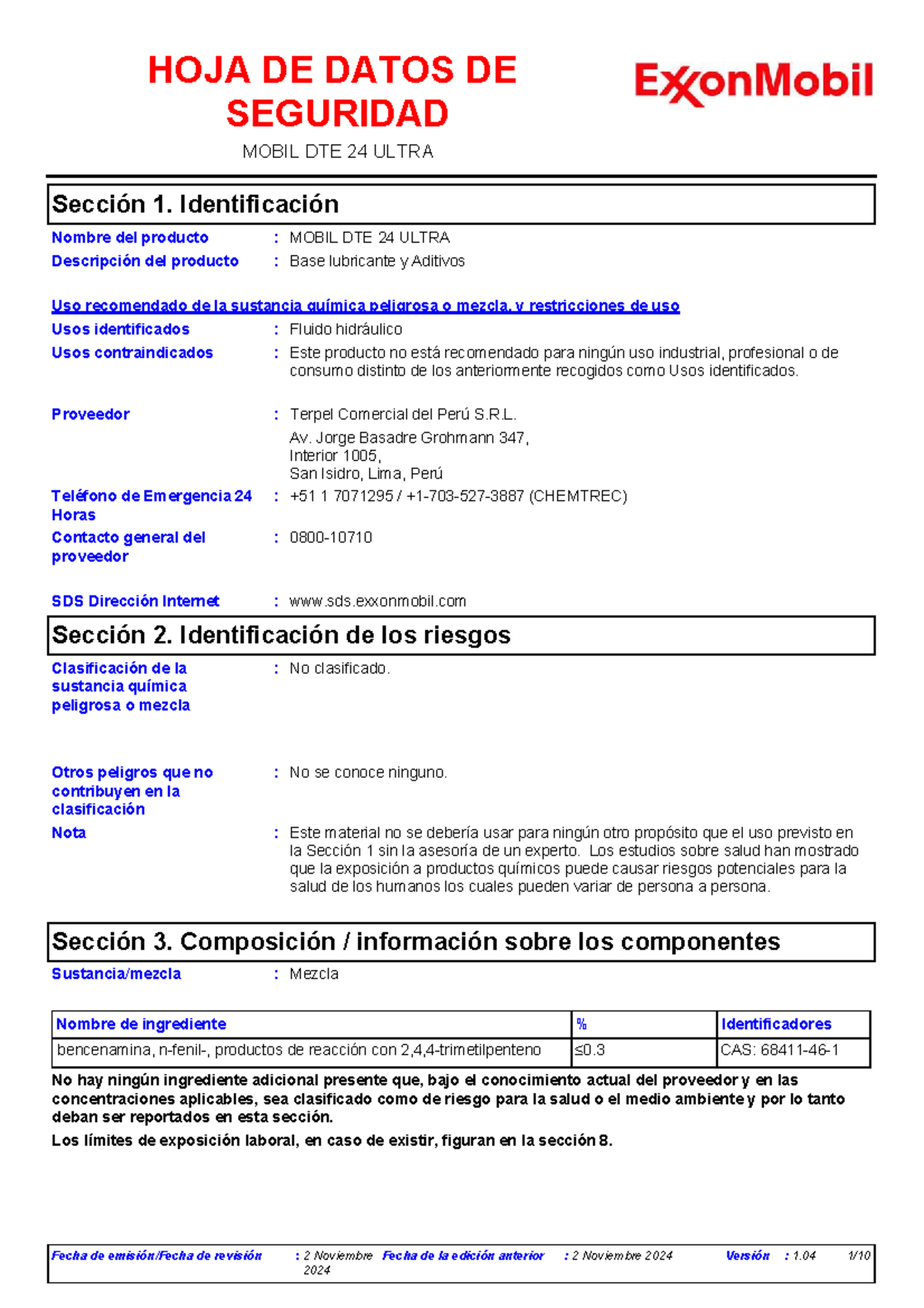 Hoja de Datos de Seguridad: MOBIL DTE 24 ULTRA - Versión 1.04 - Studocu