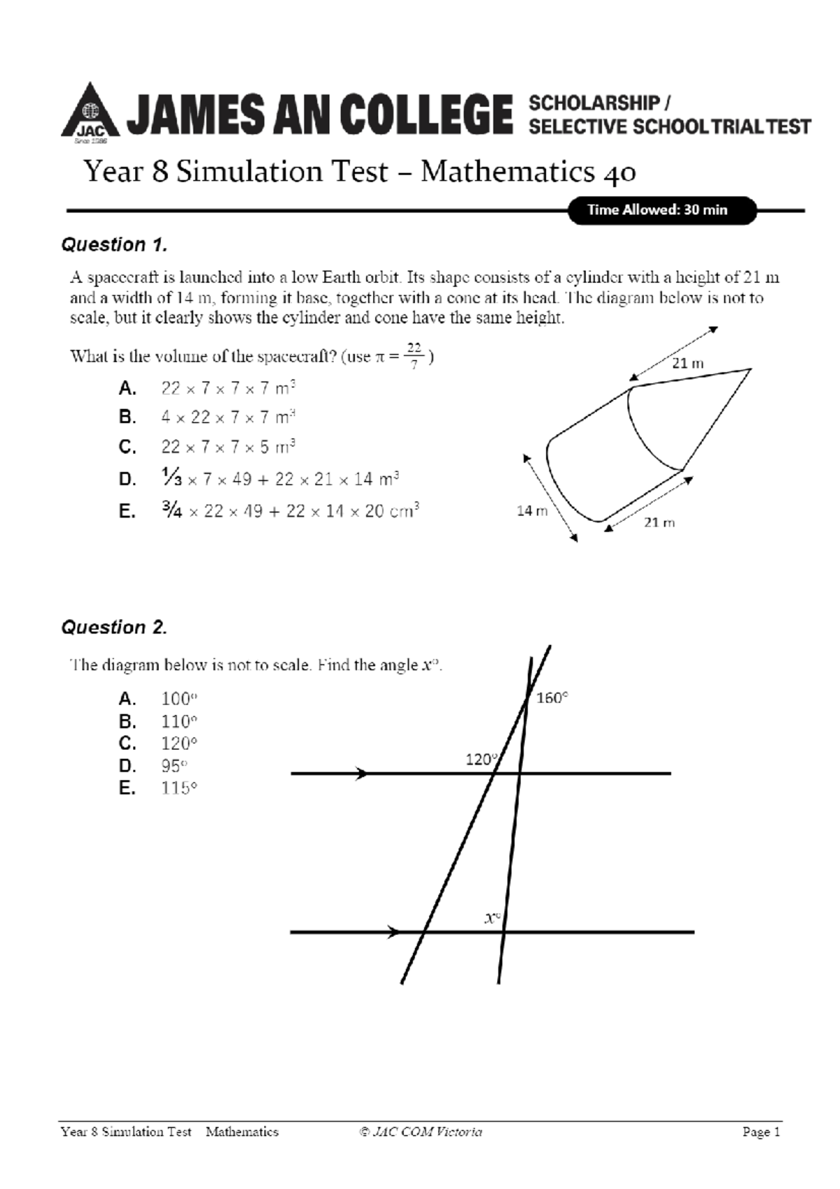 Year 8 Mathematics Simulation Test - JAC 40 Questions - Studocu