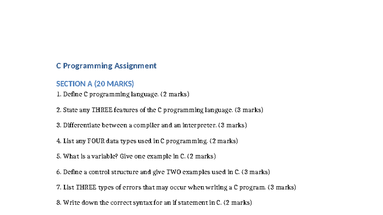 C Programming Assignment - Notes for Section A & B (20+30 Marks) - Studocu