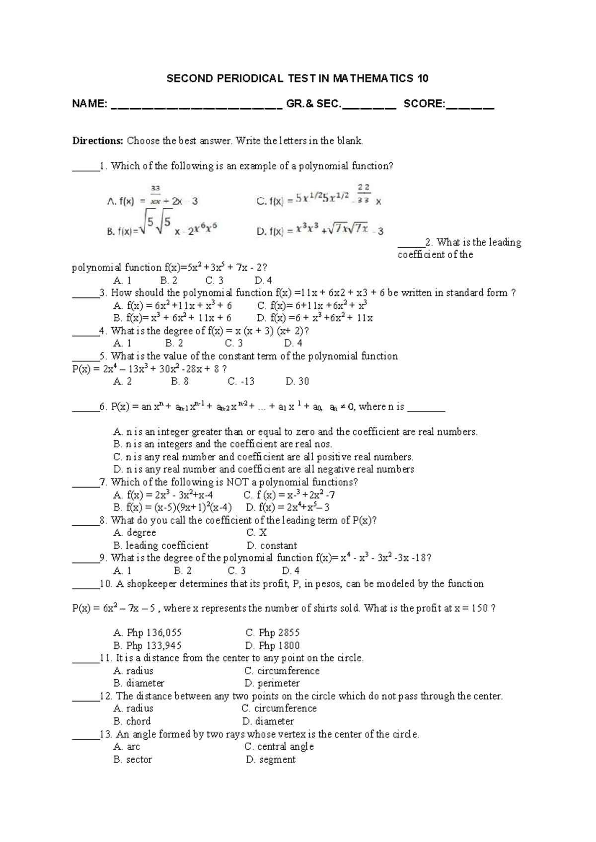 PT G10 Mathematics - Second Periodical Test Review - Studocu