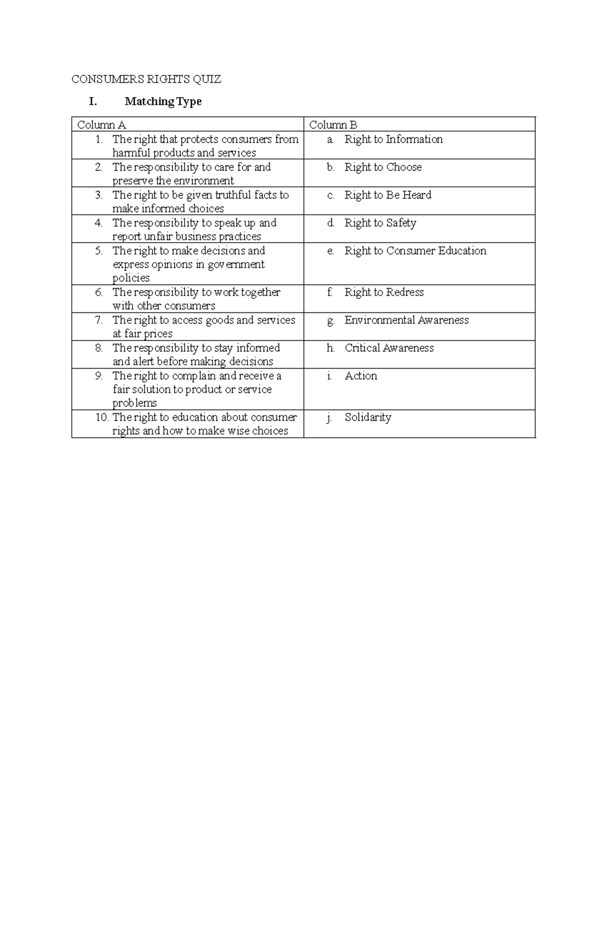 Consumers Rights Quiz I - SCSC Matching Exercise - Studocu