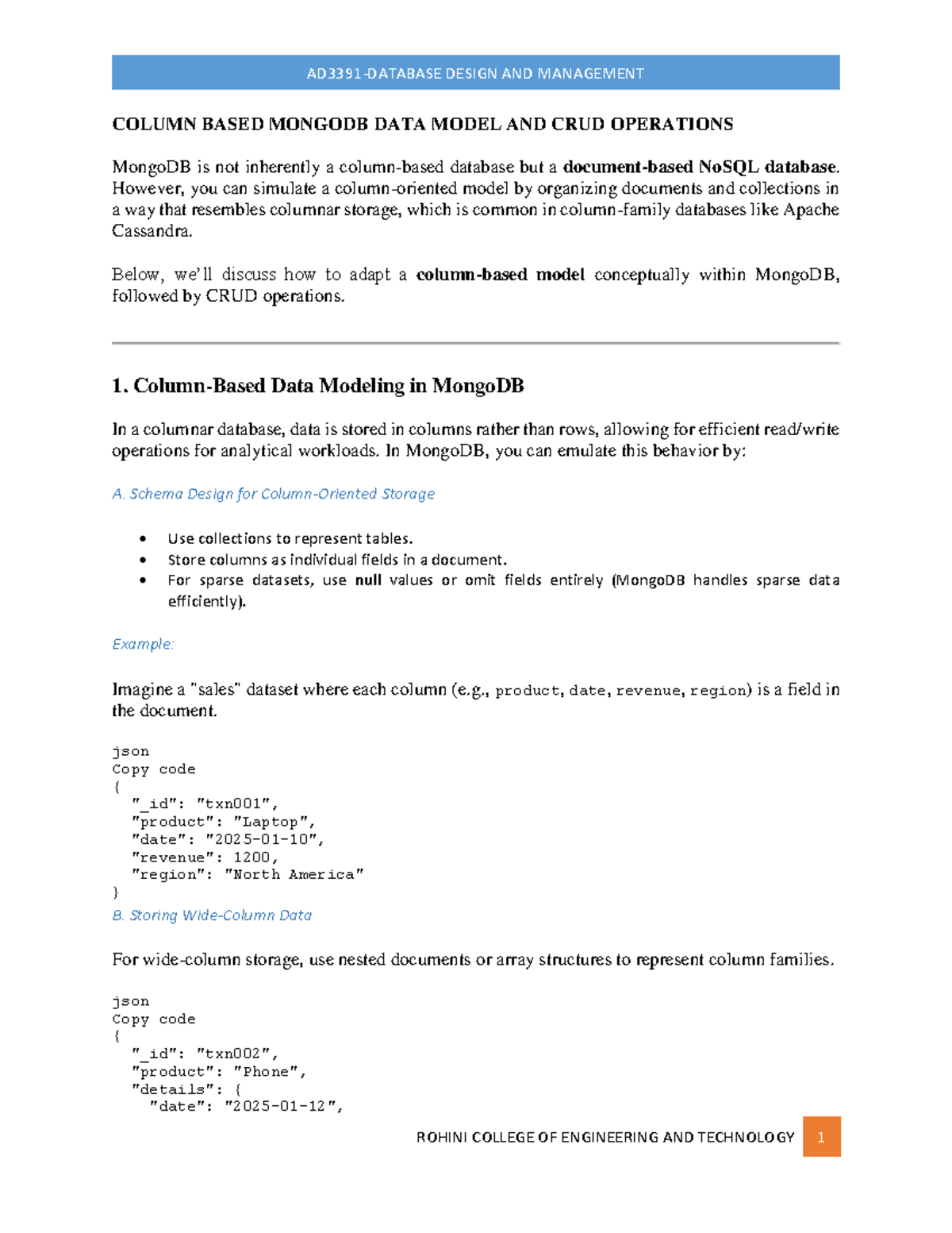 DESIGN AND MANAGEMENT OF COLUMNAR DATA MODEL IN MONGODB - Studocu