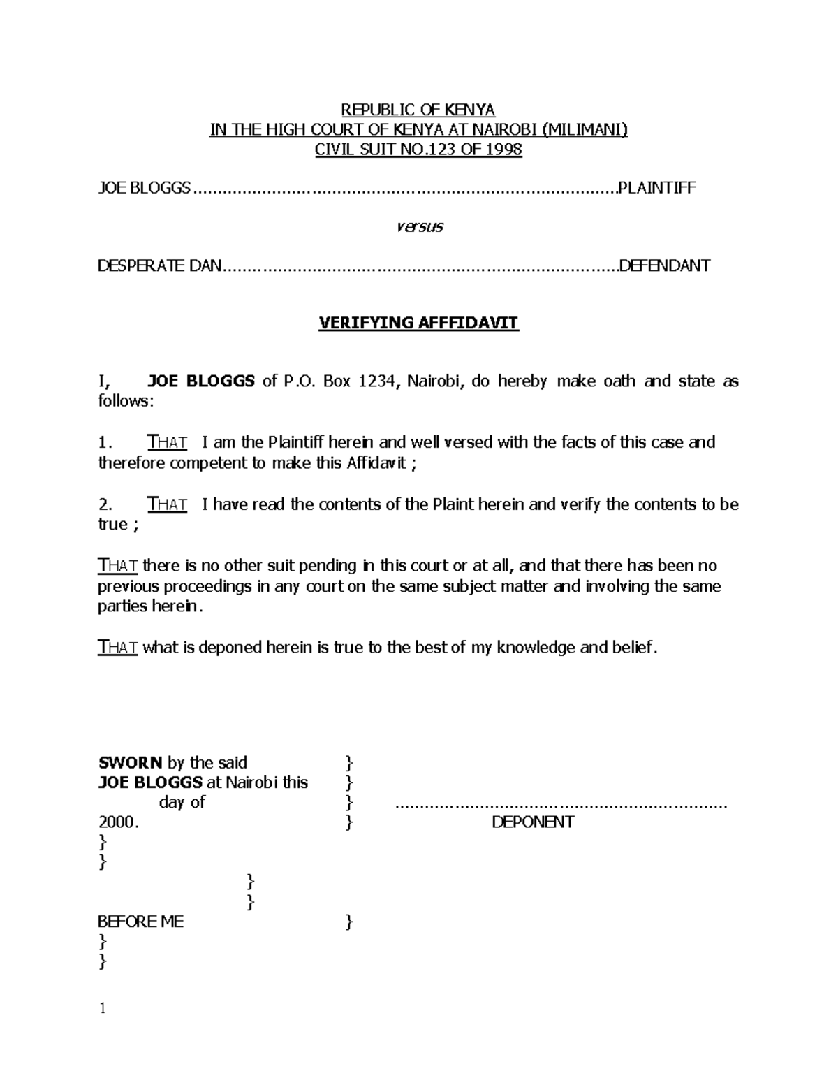 Verifying Affidavit Example - Civil Suit No. 1998, Kenya - Studocu