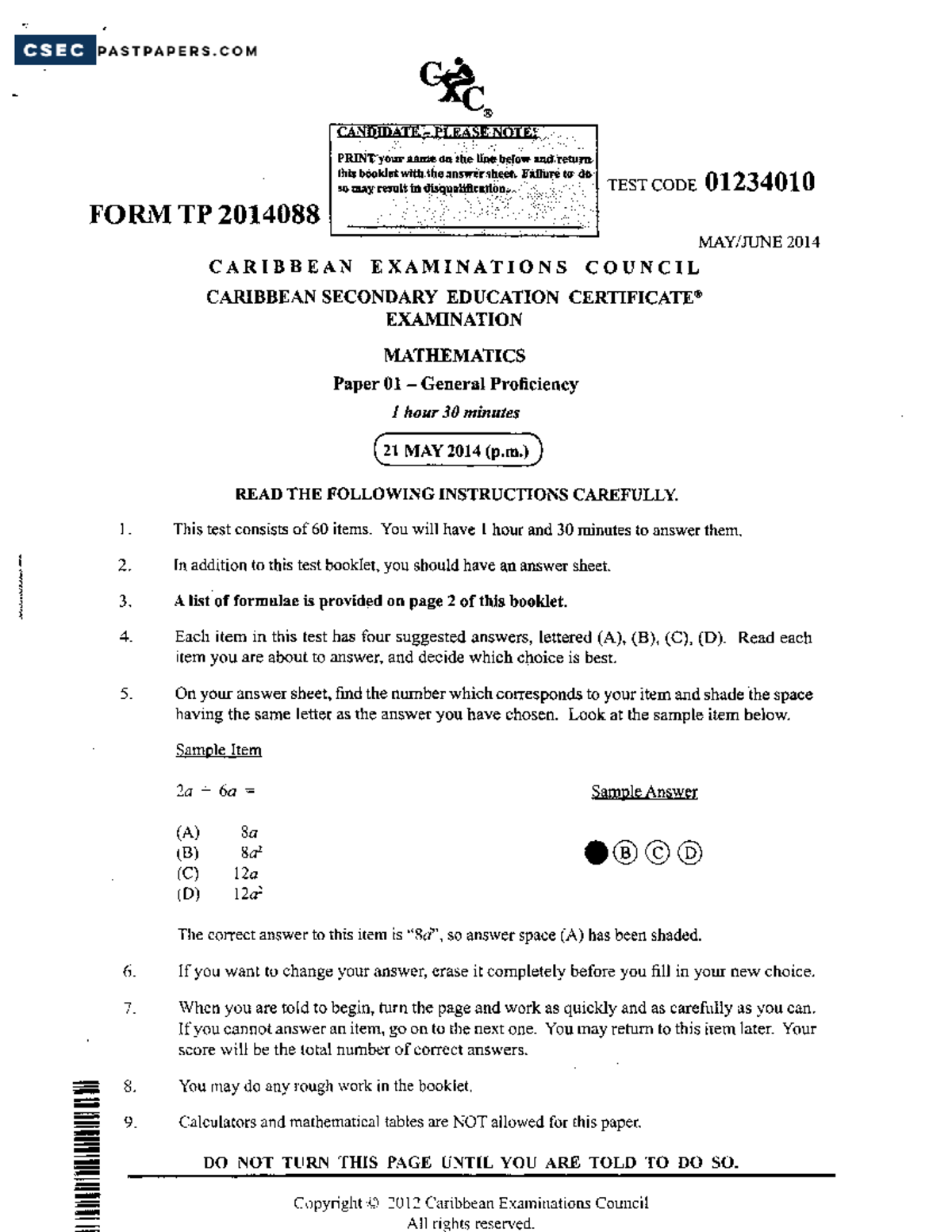 June 2014 CSEC Math P1 Past Paper - General Proficiency Exam - Studocu