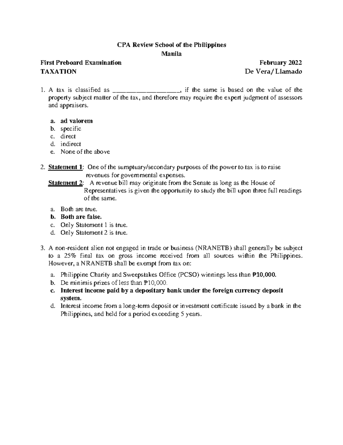 CPAR Tax Batch 91 Preboard Exam Solutions - February 2022 - Studocu