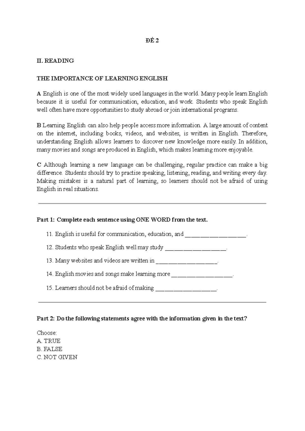 Đề 2 - Reading Comprehension on the Importance of Learning English ...