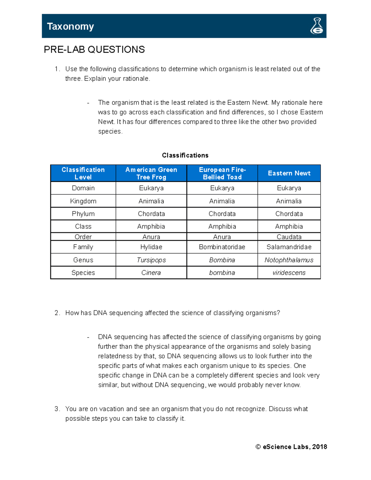 Introduction to Biology - Lab 8 - Taxonomy - PRE-LAB QUESTIONS Use the ...