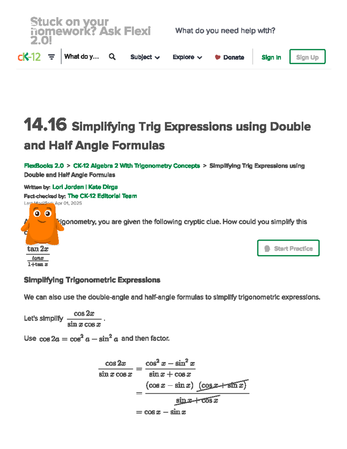 Simplifying TRIG Half & Double Angle expressions - Stuck on your homework? Ask Flexi What do you ...