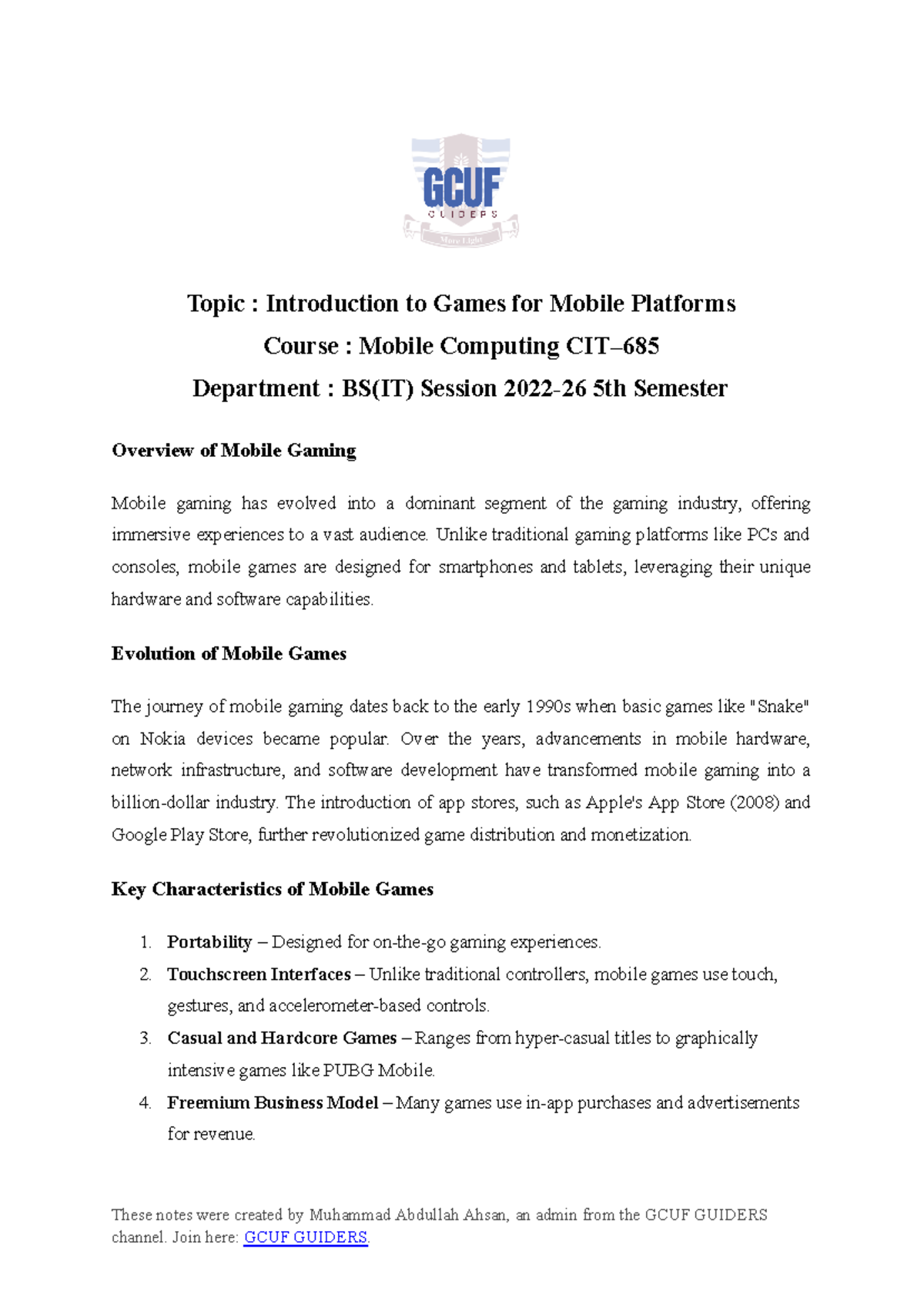 Introduction to Games for Mobile Platforms Mobile Computing CIT-685 ...
