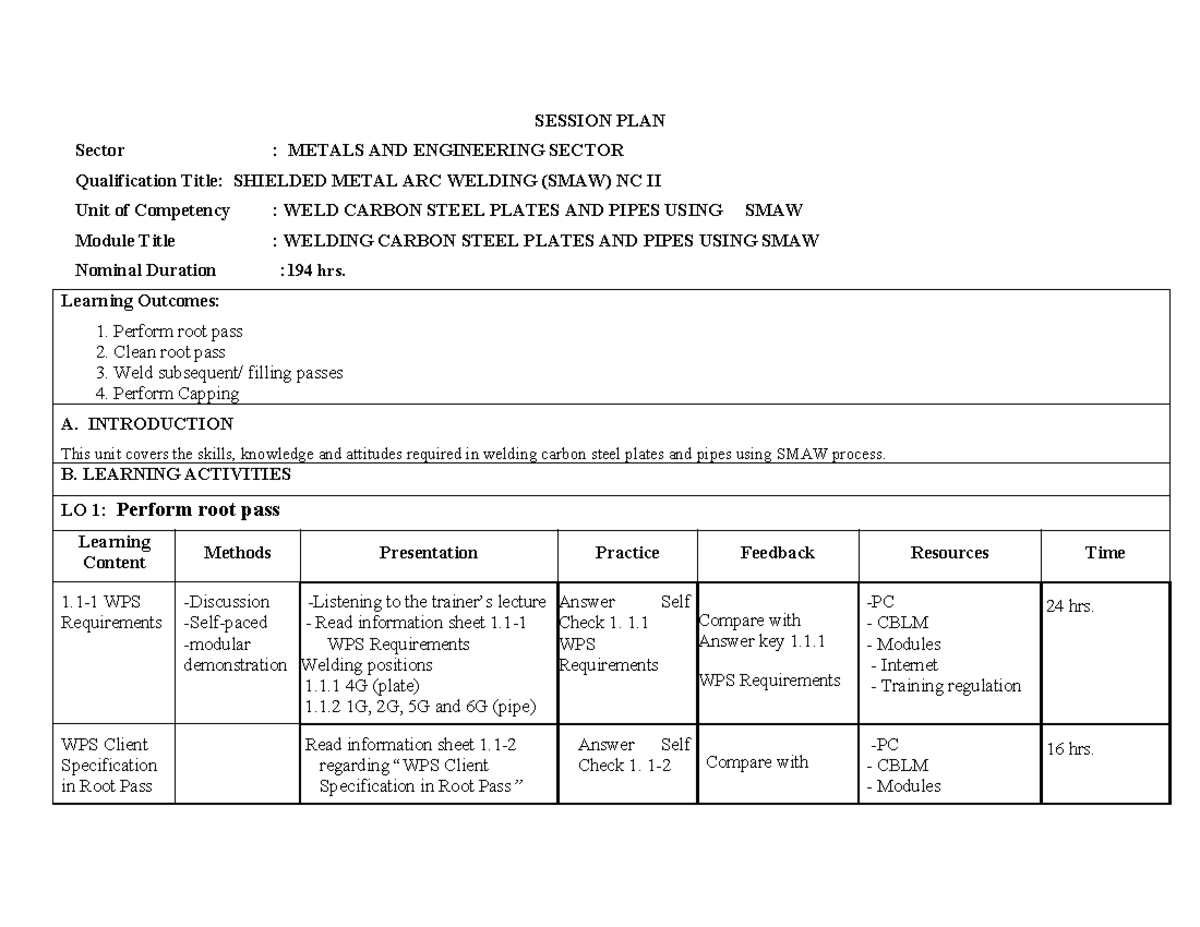 SESSION PLAN: WELDING CARBON STEEL PLATES & PIPES (SMAW NC II) - Studocu