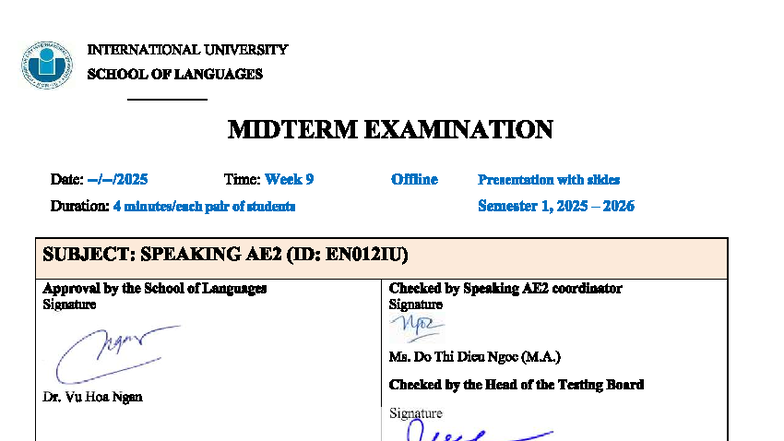 SPEAKING AE2 MIDTERM EXAM INSTRUCTIONS (ID: EN012IU) - Studocu