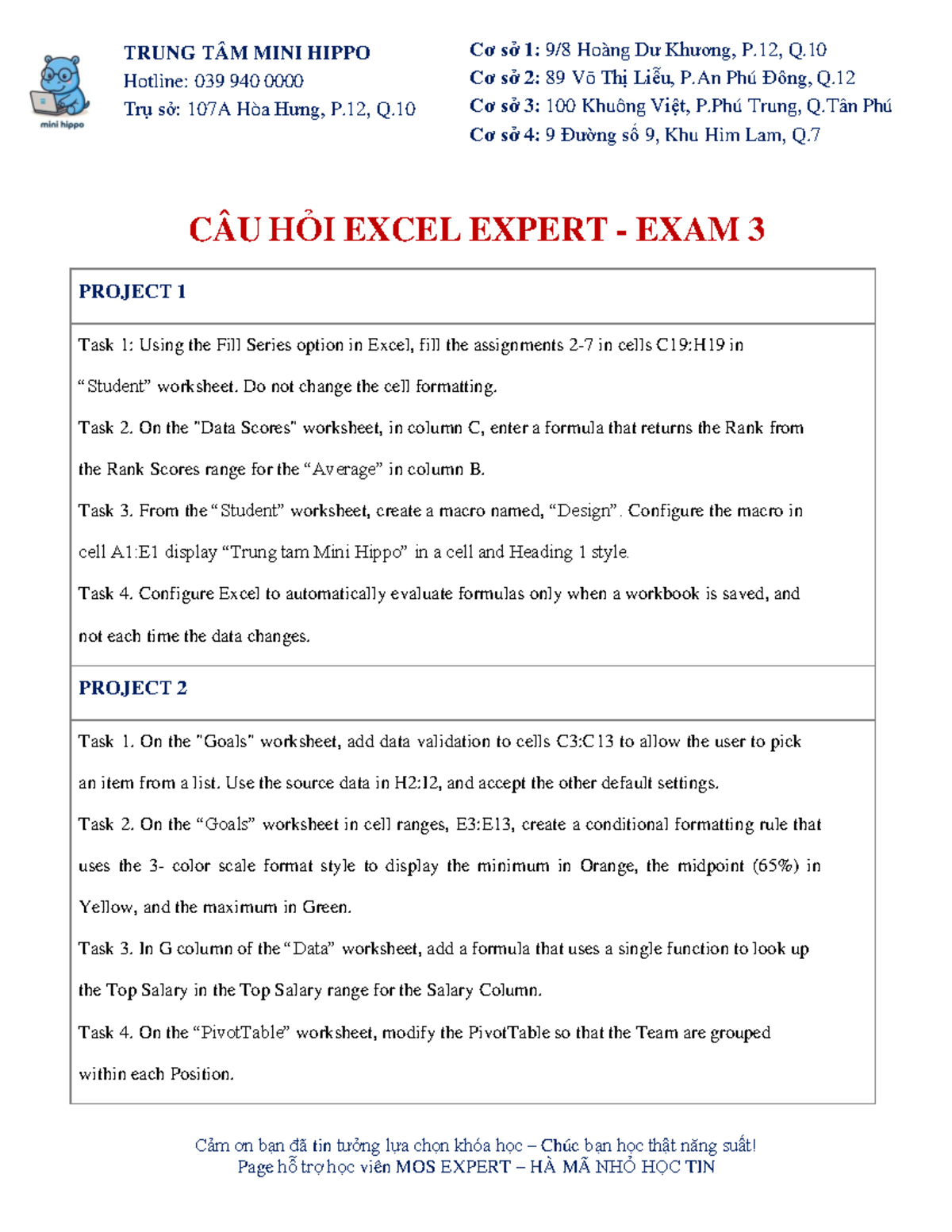 CÂU HỎI EXAM 3 - MOS Excel Expert Project Tasks - Studocu