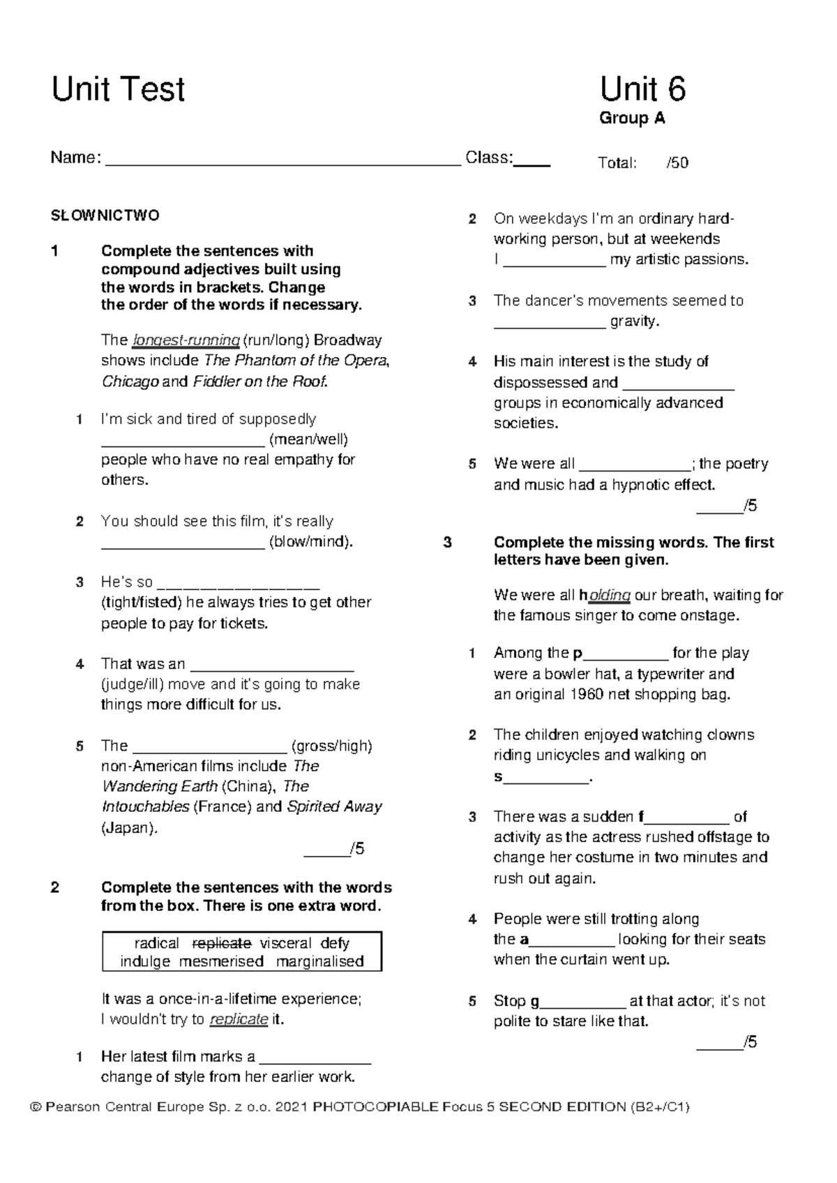 Focus 5 2E Unit Test Unit 6 Group A: Vocabulary & Grammar - Studocu