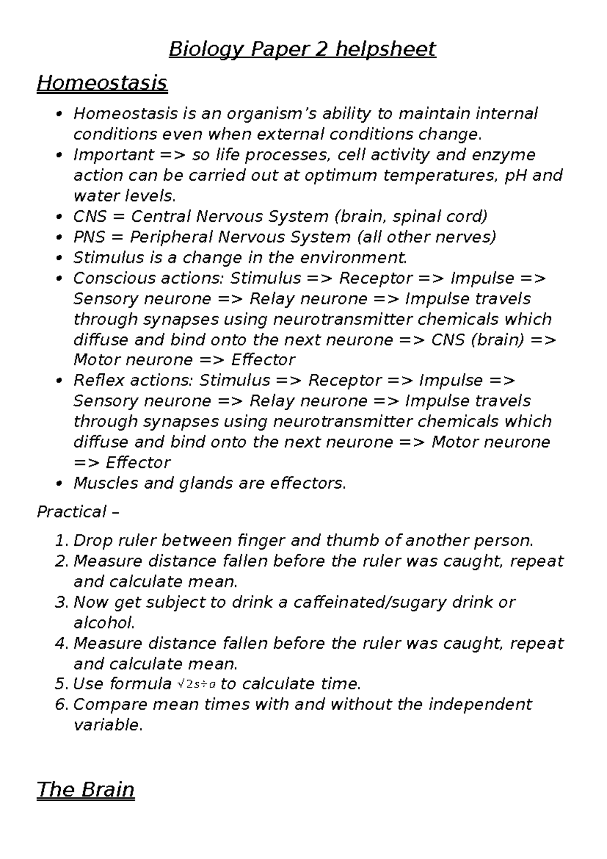 Biology Paper 2 Helpsheet: Homeostasis, CNS, and Hormonal Regulation ...