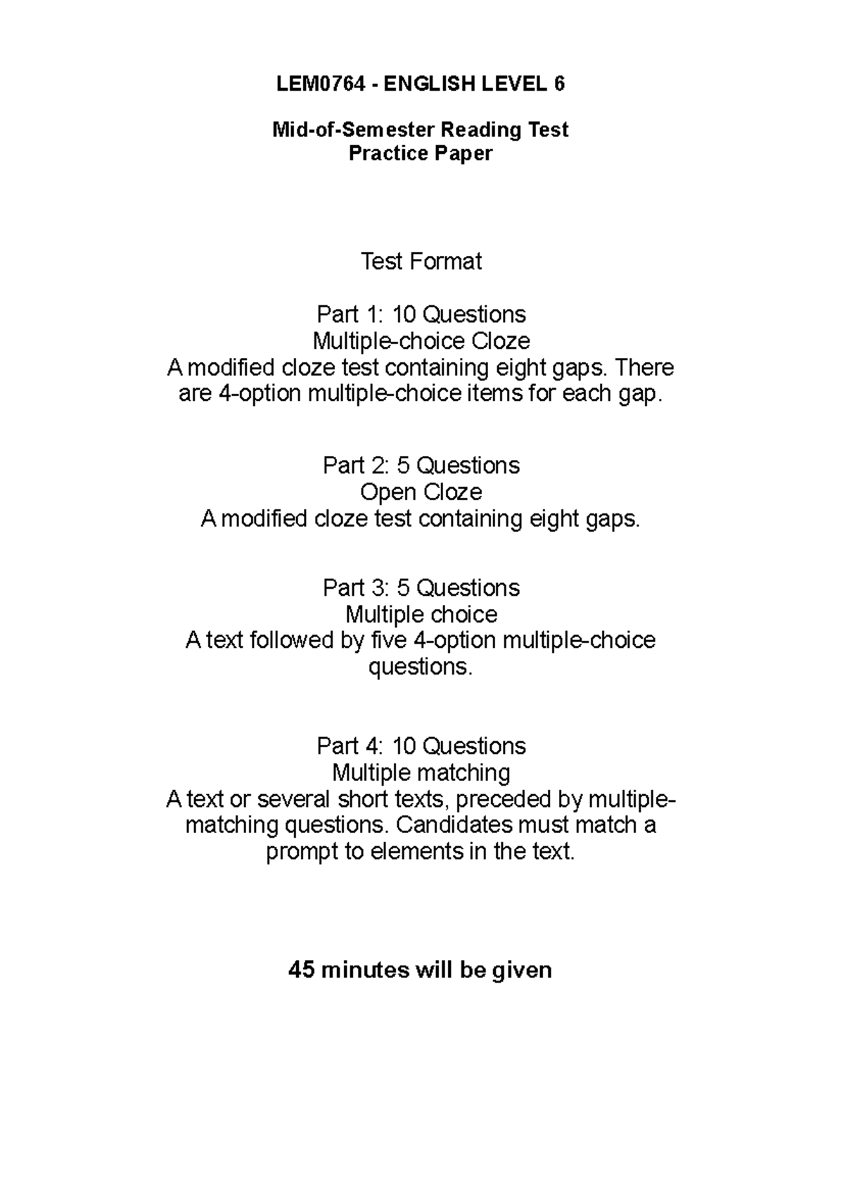 LEEF0764 English Level 6 Reading Test Practice Paper 1 - Studocu