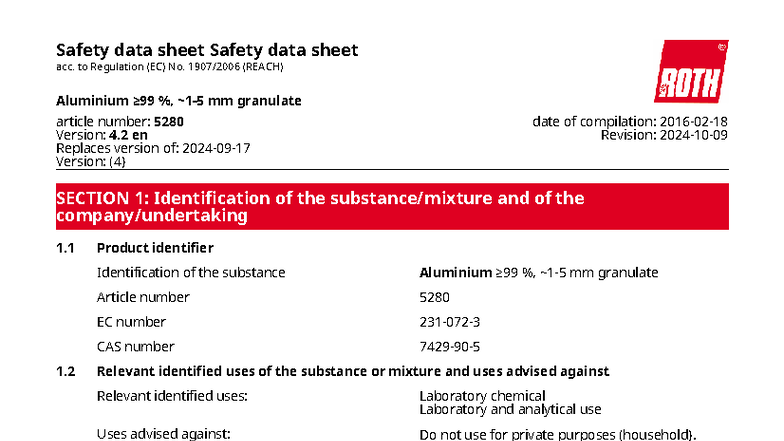 Aluminium Granulate MSDS (REACH) - Article No. 5280 - Studeersnel