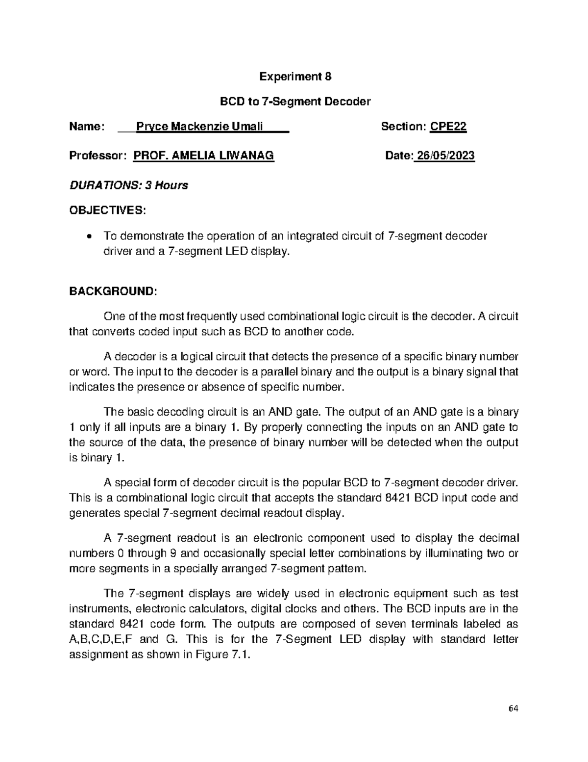 Experiment 8: BCD to 7-Segment Decoder Analysis CPE - Studocu