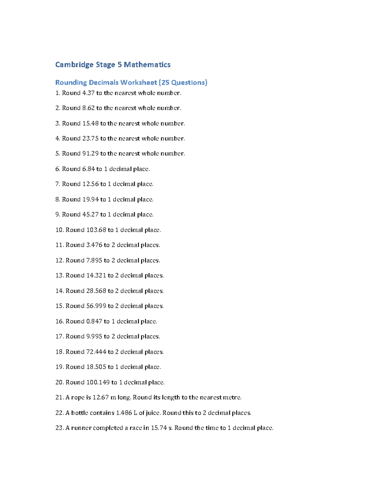 Cambridge Stage 5 Mathematics: Rounding Decimals Worksheet (25 Qs ...