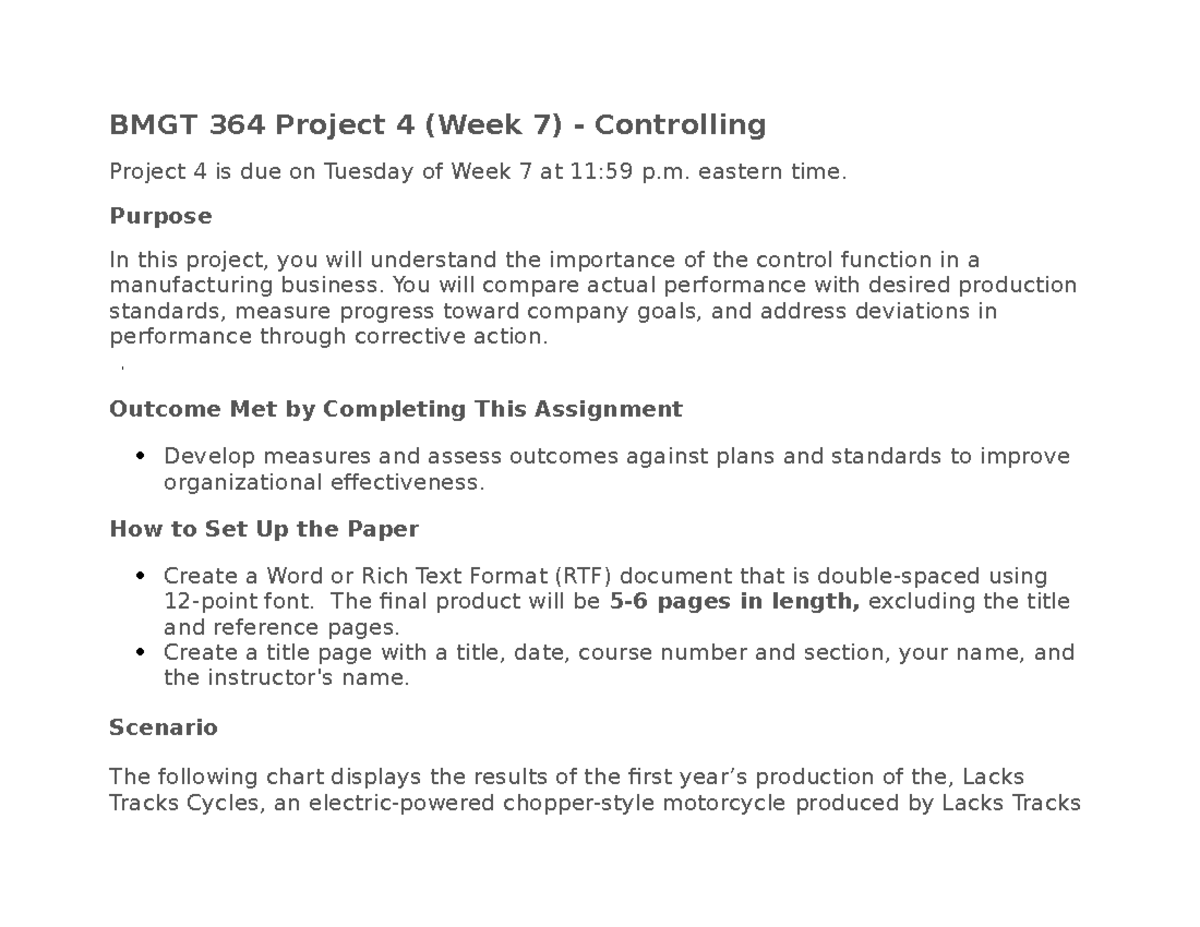 Project 4 - Week 7 Controlling - BMGT 364 Project 4 (Week 7 ...