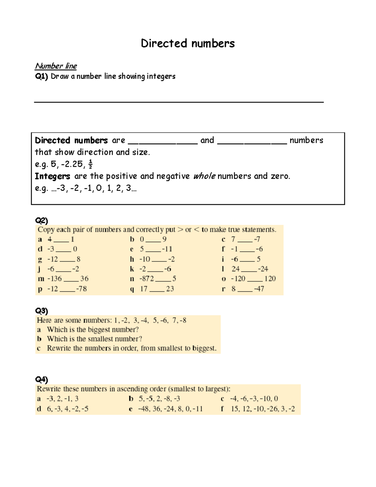 Directed Numbers Worksheet: Understanding Integers and Number Lines ...