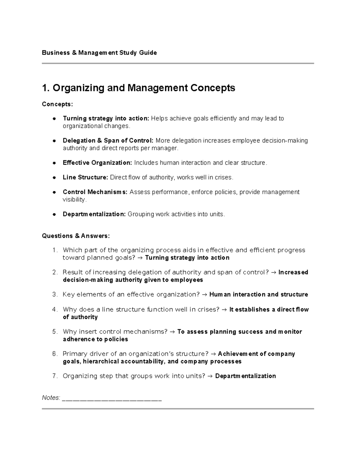 C201 Business Management Study Guide: Organizing, Marketing, Finance ...