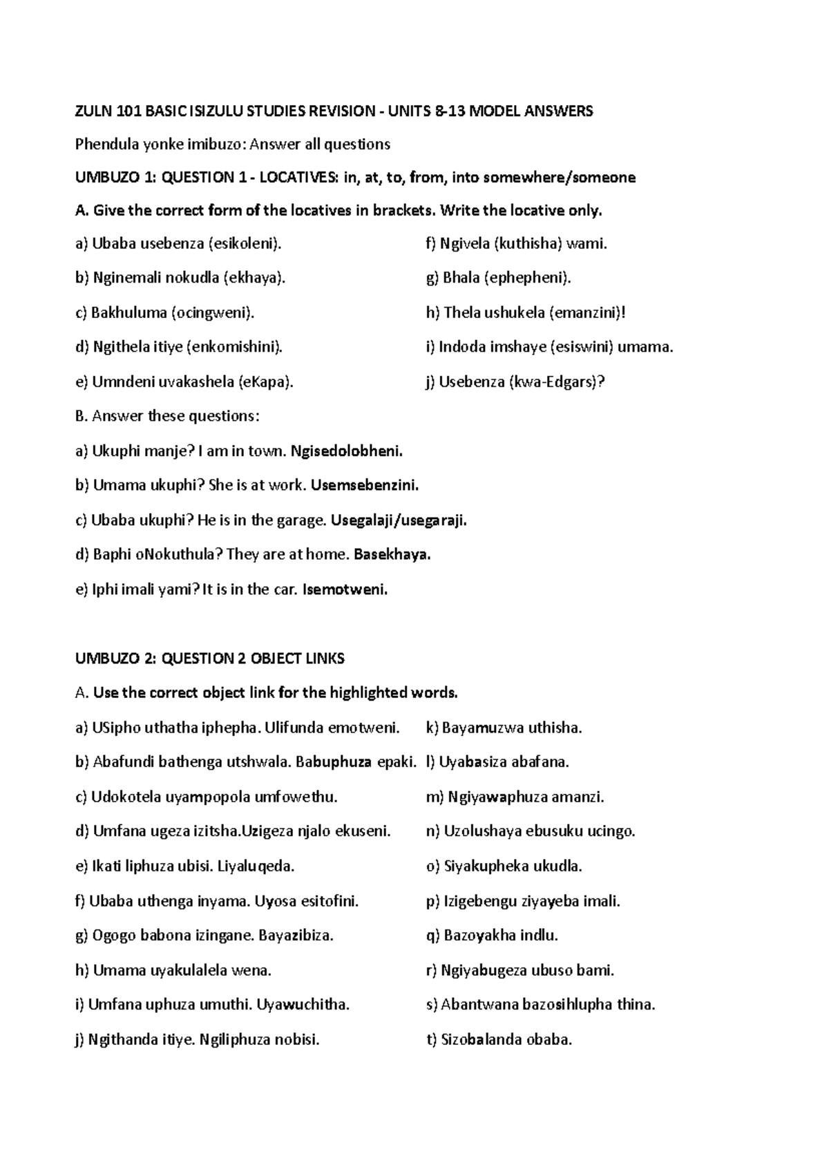 ZULN 101 BASIC ISIZULU STUDIES REVISION - UNITS 8-13 ANSWERS - Studocu