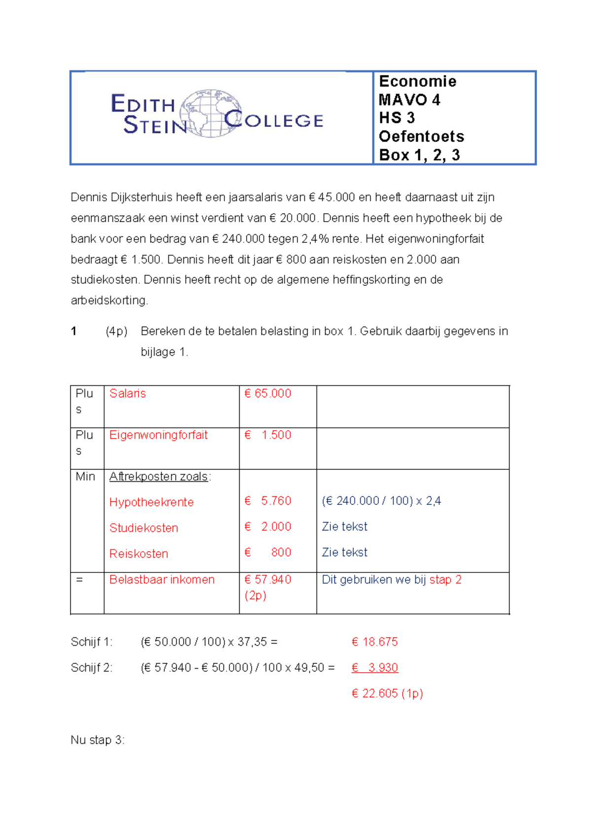 Oefentoets Box 1-3 Economie MAVO 4 - HS 3 Inkomstenbelasting Calculatie ...