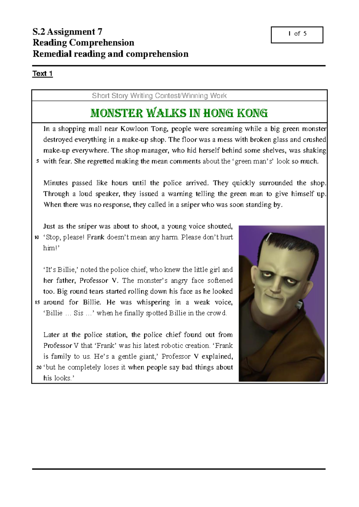 S.2 Assignment 7 Reading Comprehension: Short Stories & News Reports ...