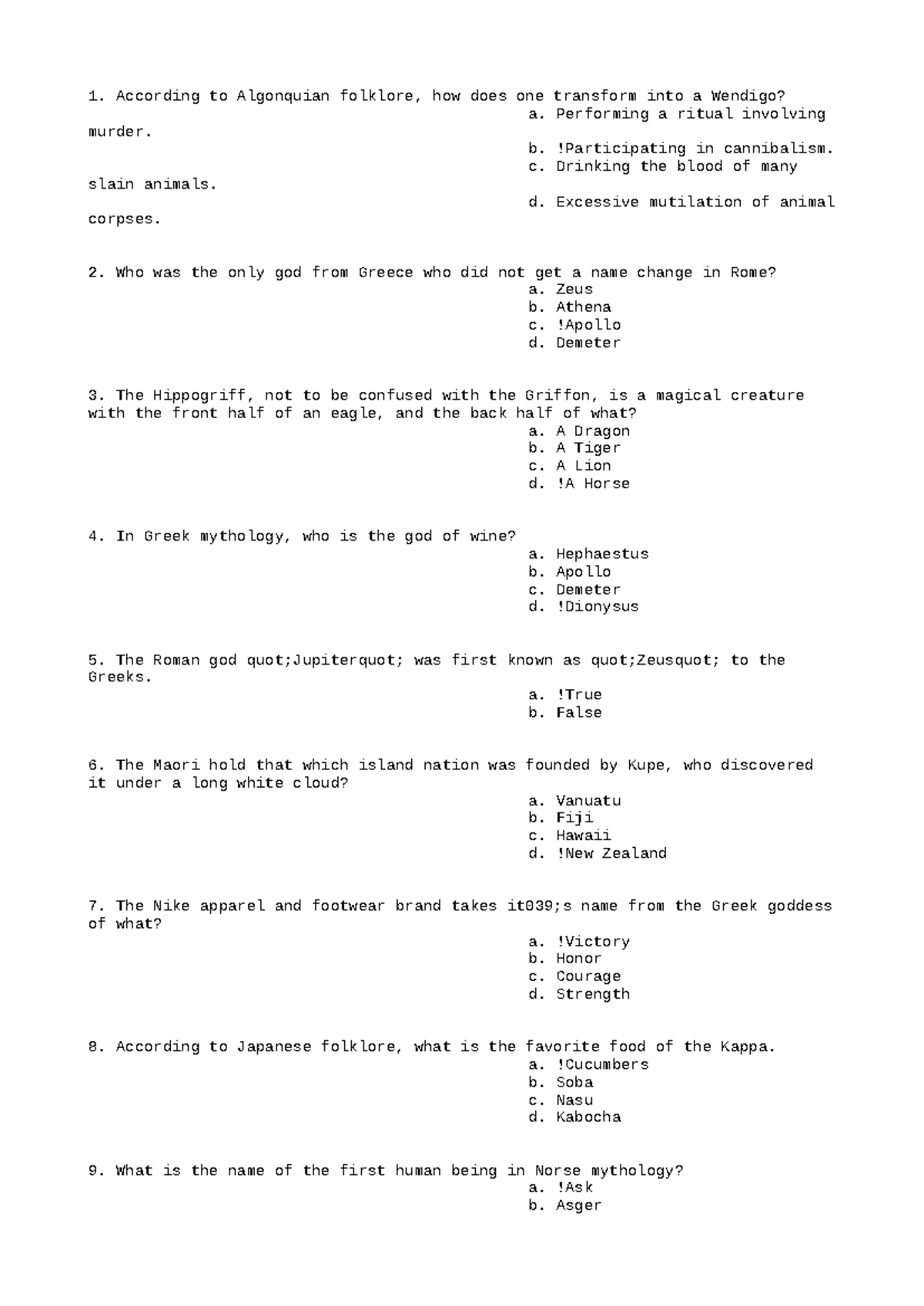 BMED121 Mythology Quiz Answers and Folklore Insights - Studocu