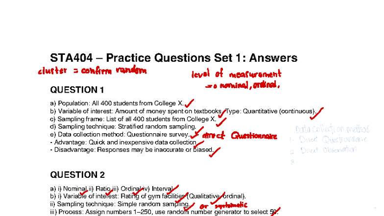 STA404 Practice Questions Set 1: Measurement Levels & Sampling Techniques - Studocu