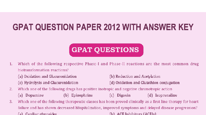 GPAT 2012 Question Paper with Answer Key and Explanations - Studocu