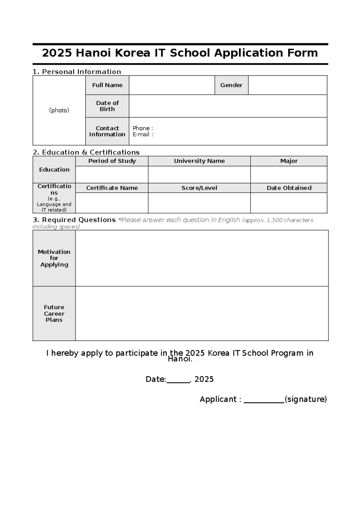 2025 Hanoi Korea IT School Application Form - Personal Information ...