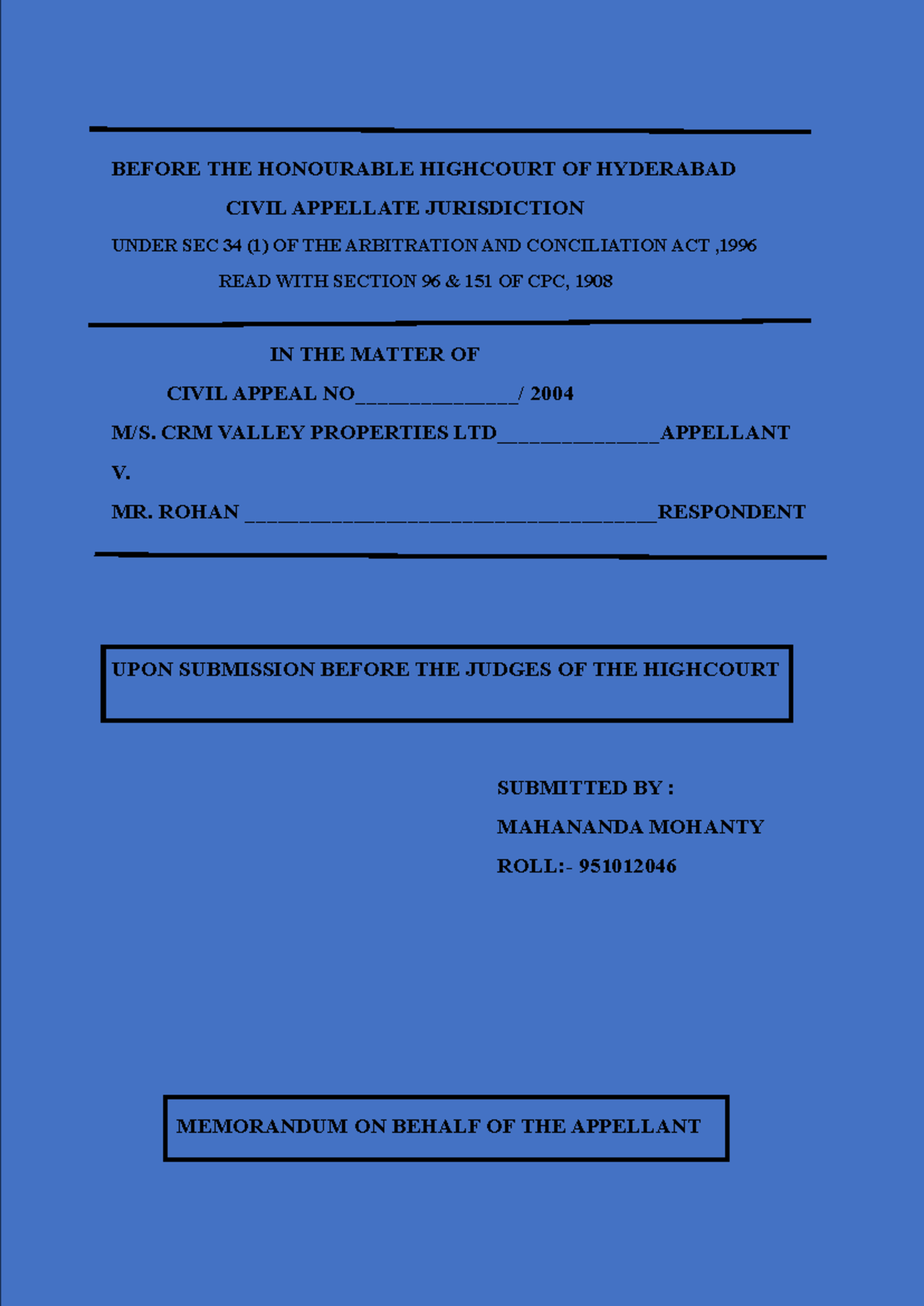 Civil Appeal 2004: Memorandum for Petitioner in 2nd Moot Case - Studocu