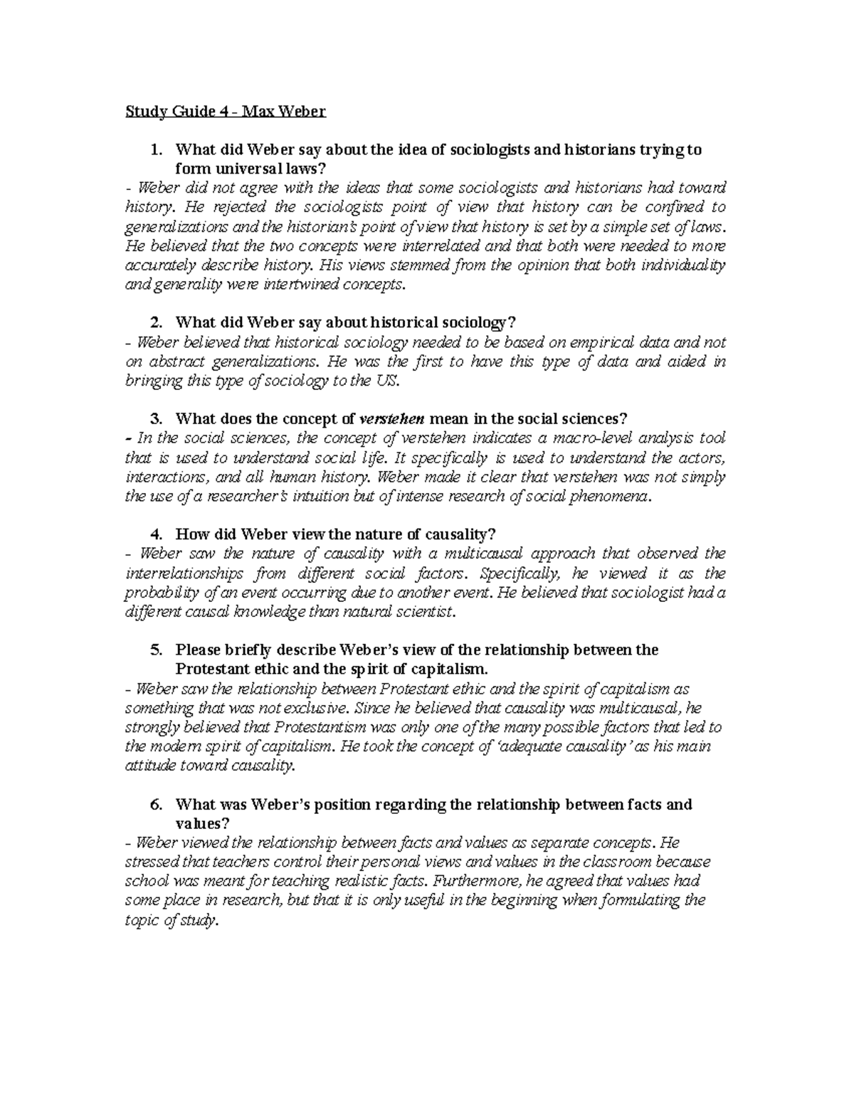 Weber's Insights on Sociology: Study Guide 4 for Social Theory - Studocu