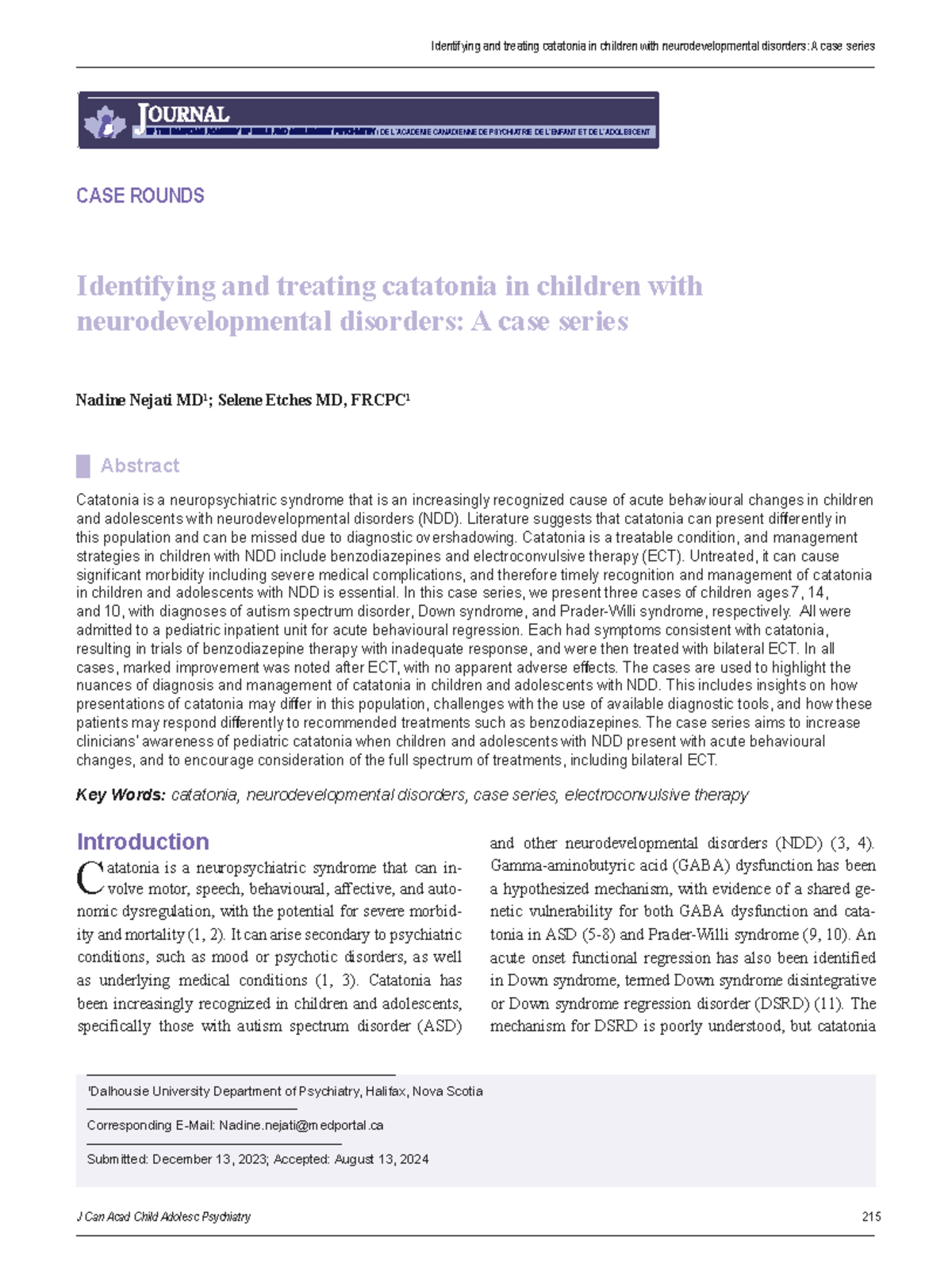 Identifying and Treating Catatonia in Children with NDD: Case Series ...