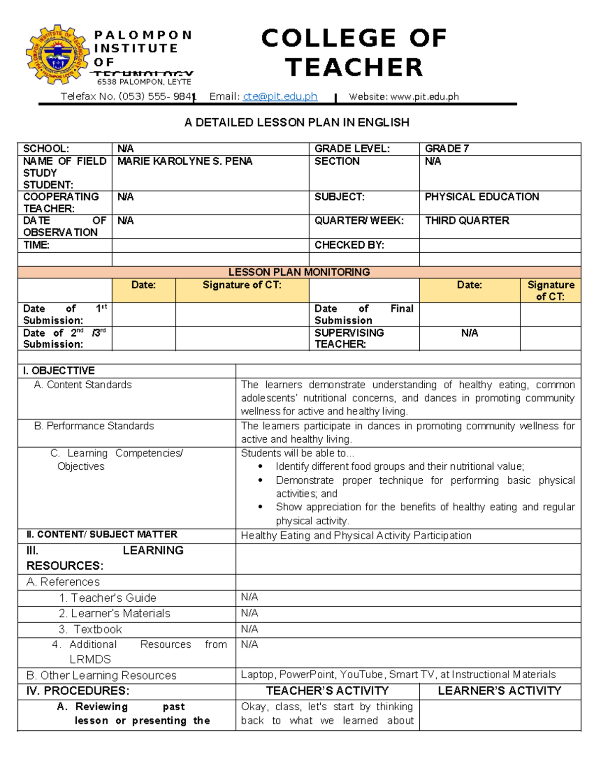 Detailed Lesson Plan in PE for Grade 7 - T6538 - Studocu